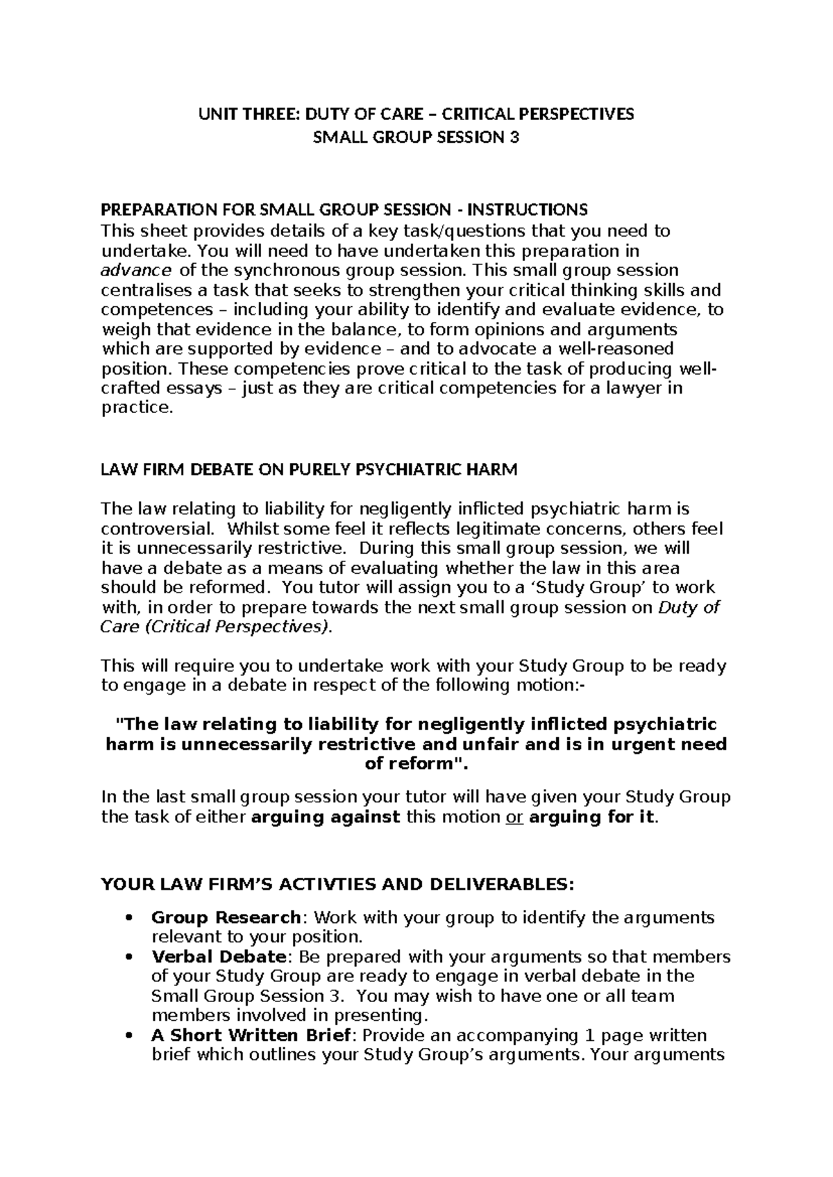3 Duty Critique SG3 Worksheet final - UNIT THREE: DUTY OF CARE – CRITICAL PERSPECTIVES SMALL ...