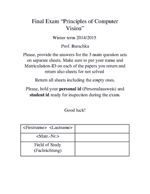 01-Introduction - Principles of Computer Vision, Lecture 1 Darius Burschka - Studocu