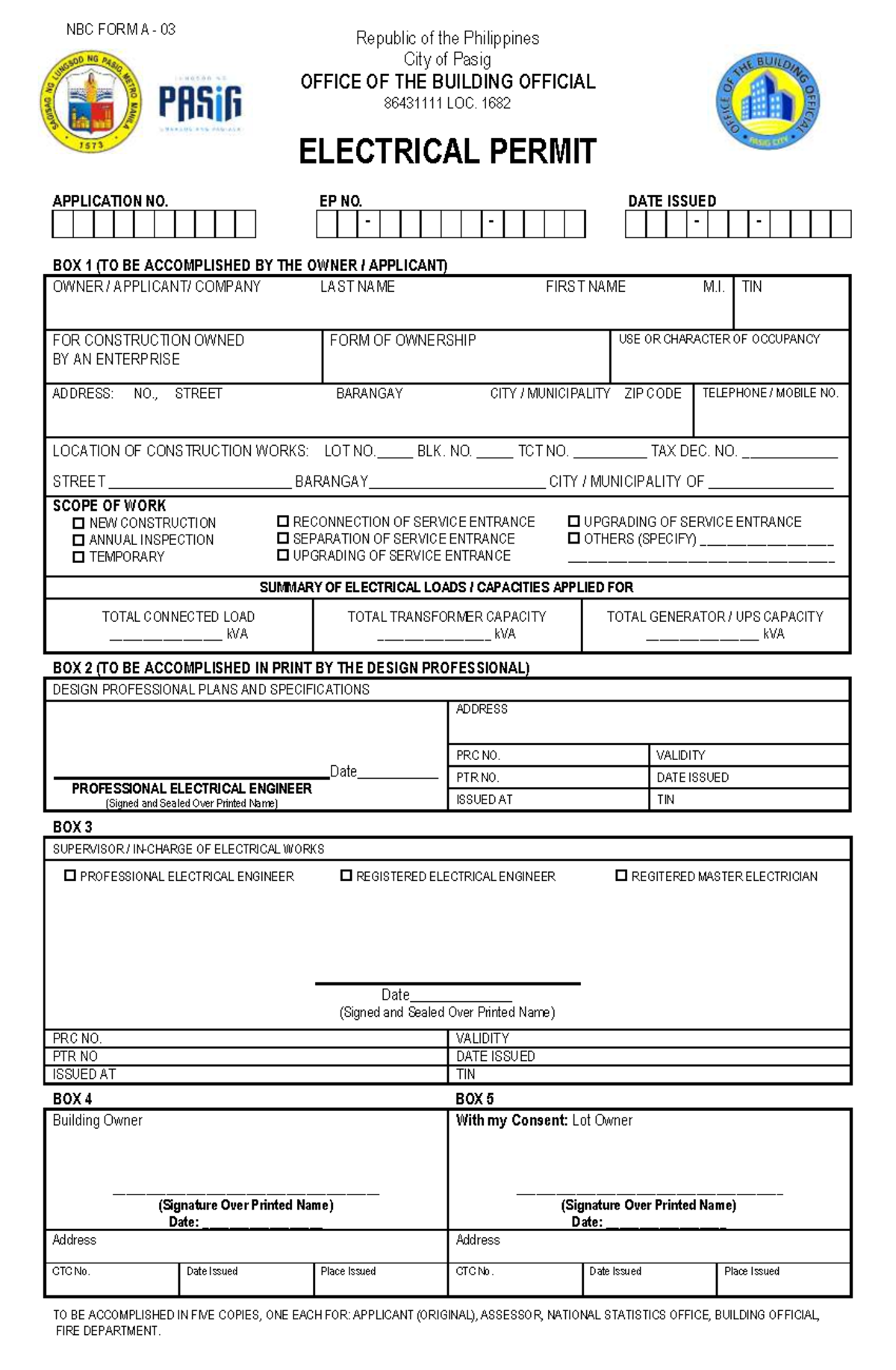 Electrical Permit - Republic of the Philippines City of Pasig OFFICE OF ...