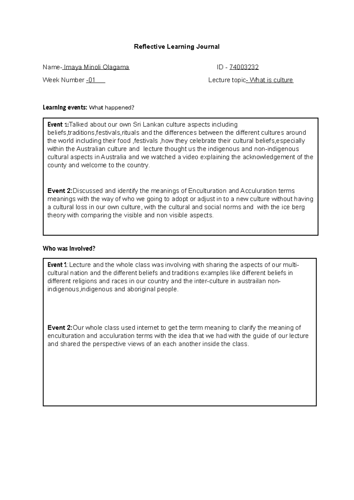 Reflective learning journal - Reflective Learning Journal Name- Imaya ...