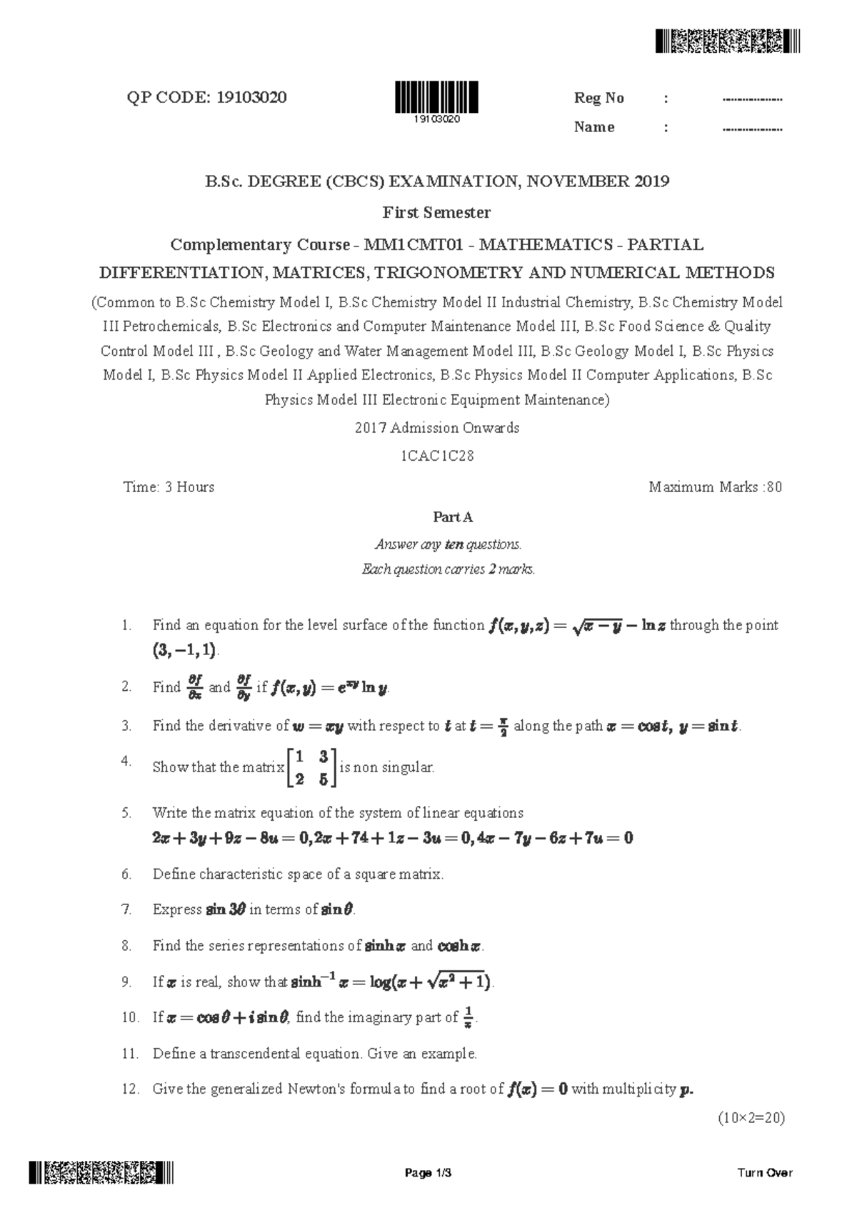 Previous year question paper-1st SEM complimentary maths - QP CODE: 19103020 Reg No : - Studocu