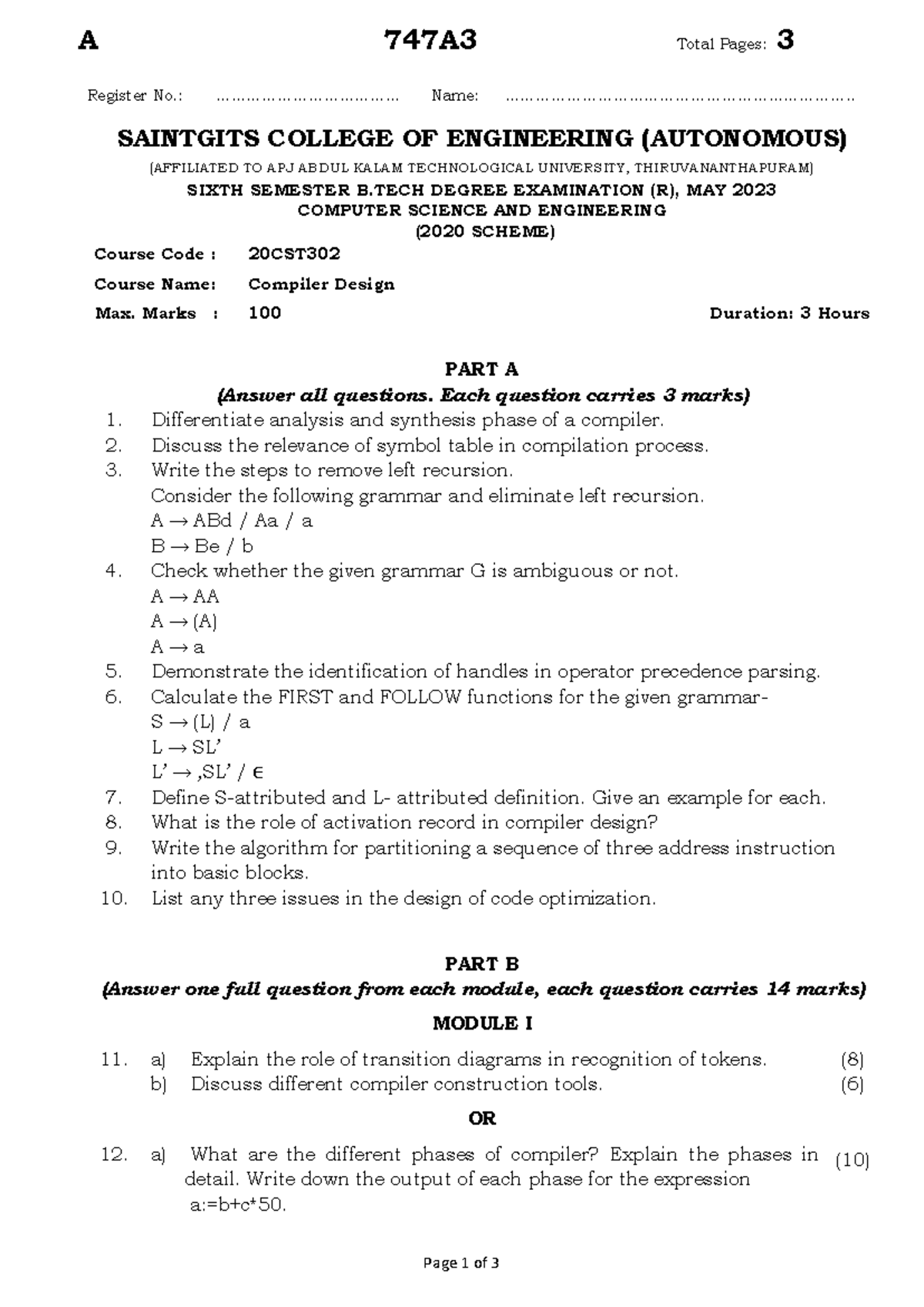 Compiler Design B.Tech CS S6 May 2023 - A 747A3 Total Pages: 3 Page 1 of 3 Register No.: - Studocu