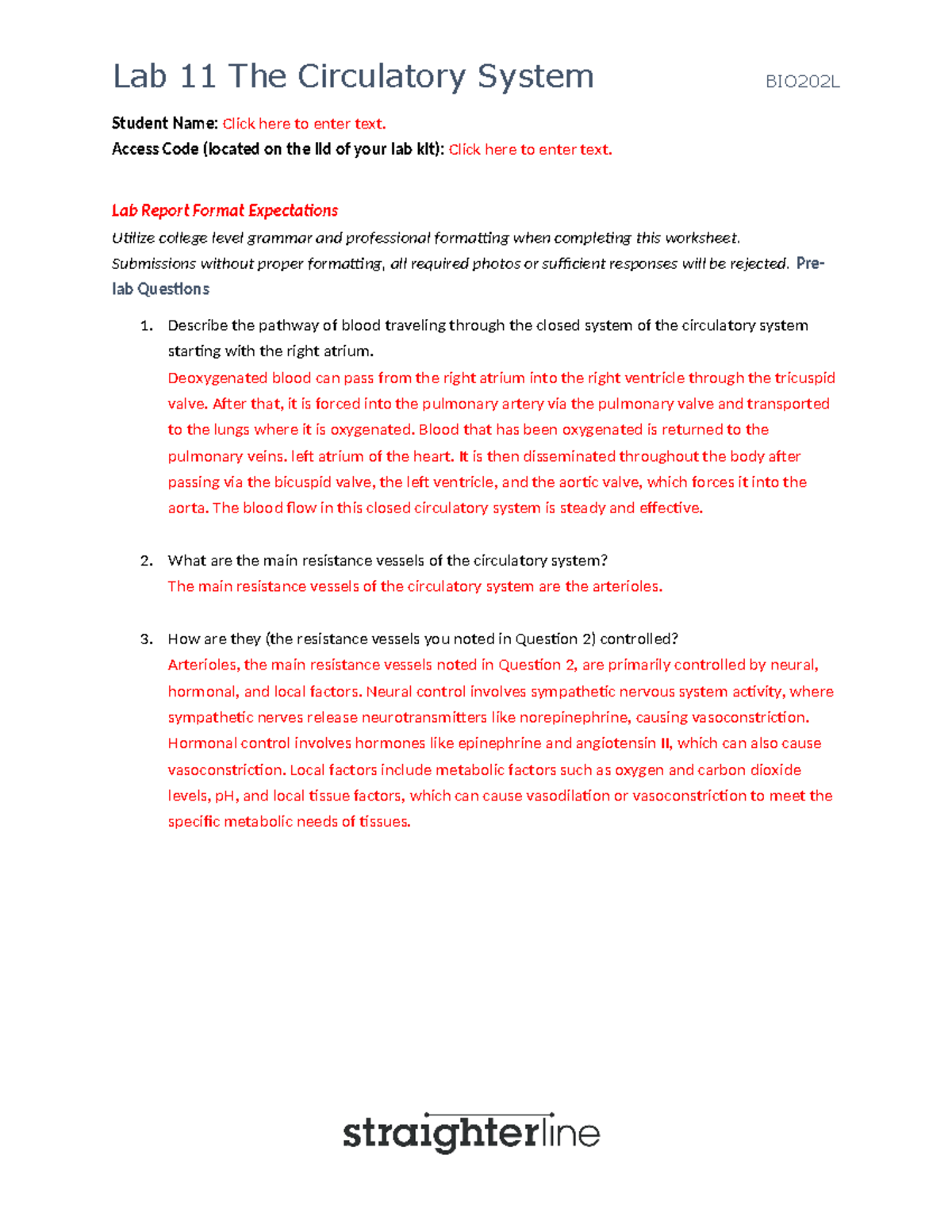 BIO202 Lab 11 - LAB WORK - Student Name: Click here to enter text. Access Code (located on the ...