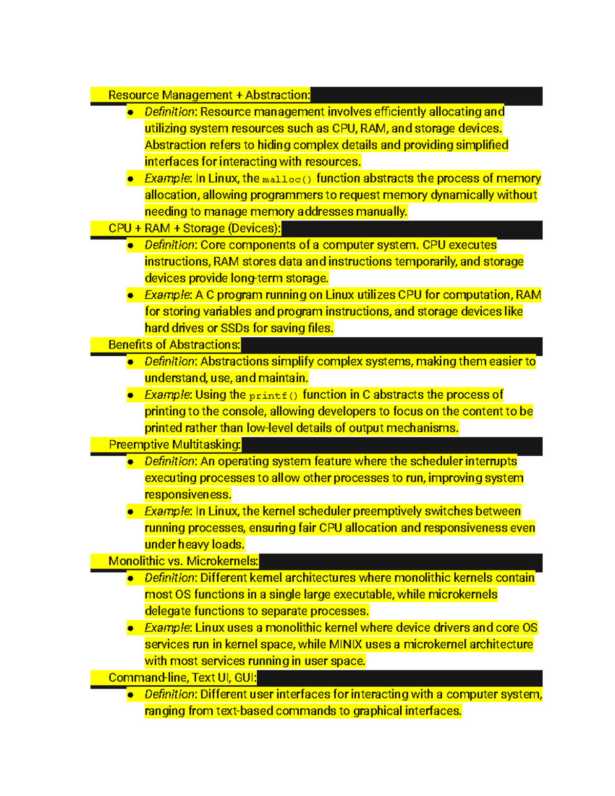 COMP3000 definitions list - Resource Management + Abstraction ...