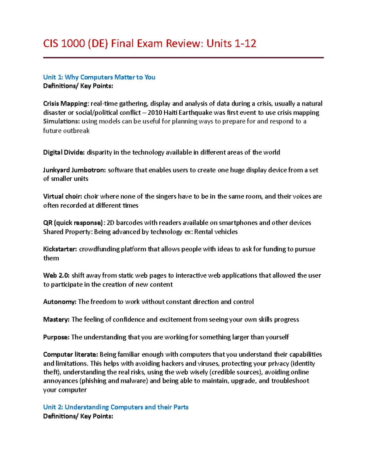 CIS 1000 Final Review - CIS 1000 (DE) Final Exam Review: Units 1-12 ...