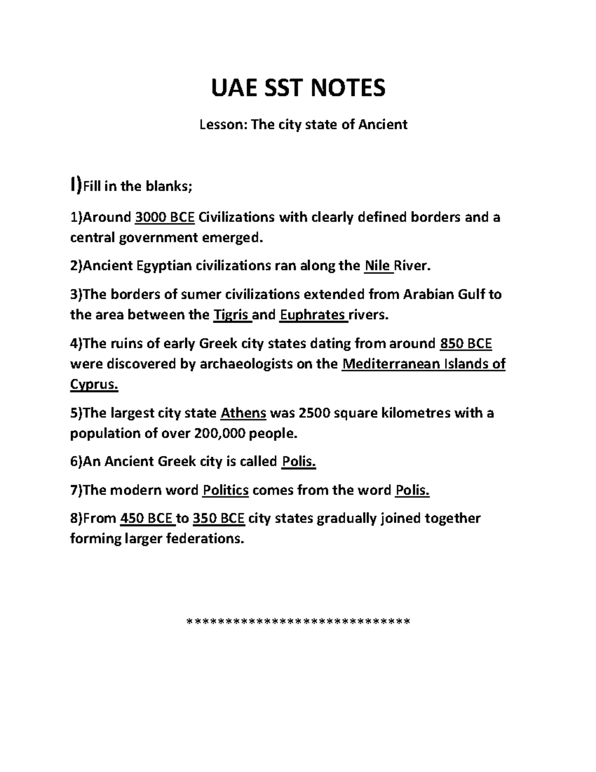 UAE SST NOTEs for assignment - UAE SST NOTES Lesson: The city state of ...