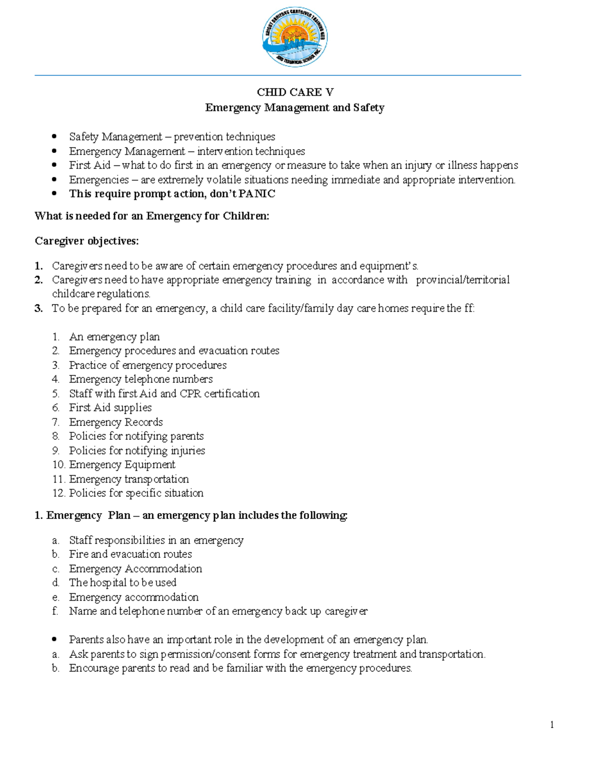 Lecture notes for child safety - CHID CARE V Emergency Management and ...
