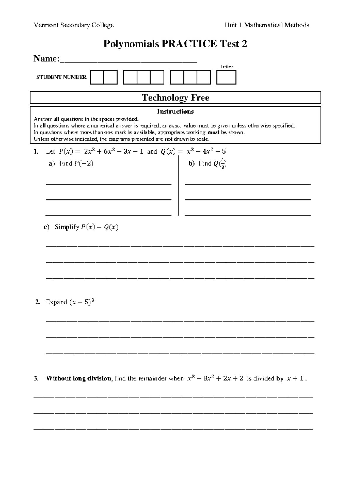 02a. Polynomials Practice Test 2 - Polynomials PRACTICE Test 2 Name