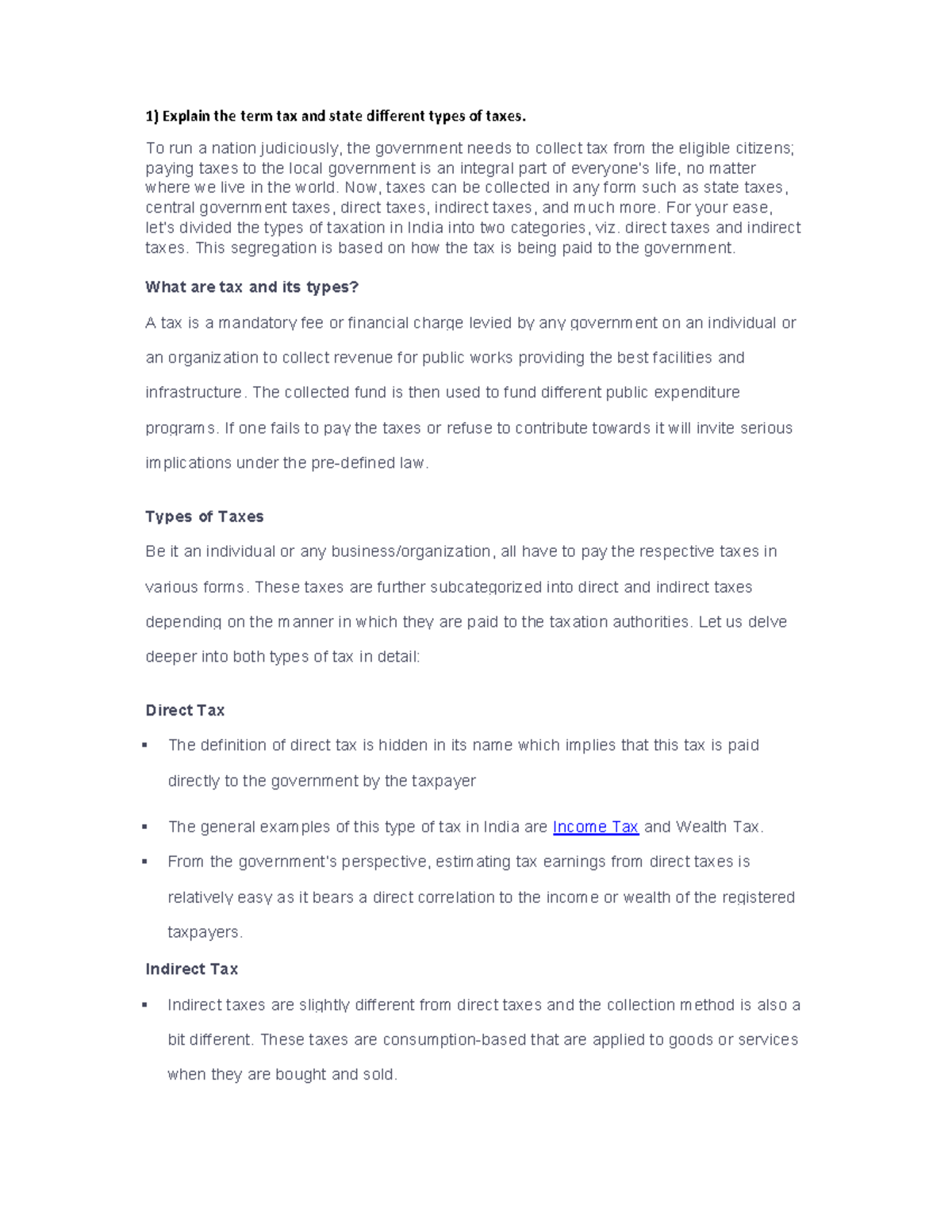 Important Answers Taxation - Explain the term tax and state different ...
