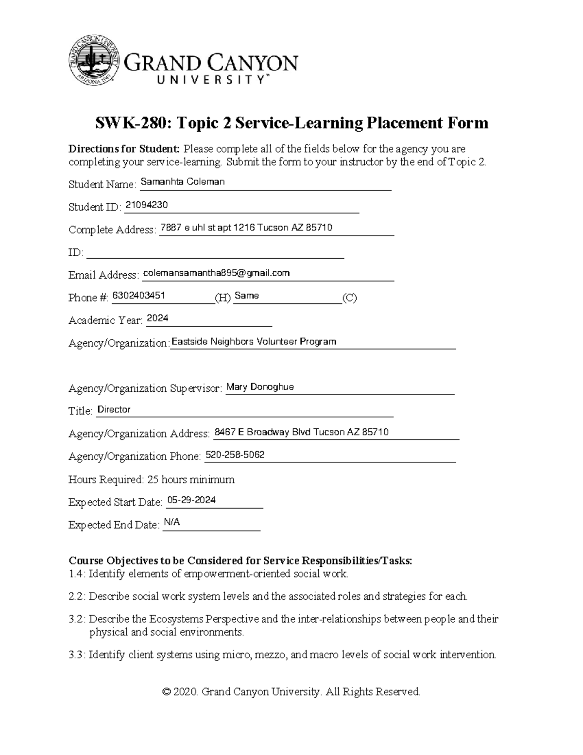 Service-Learning Placement Form - © 2020. Grand Canyon University. All ...