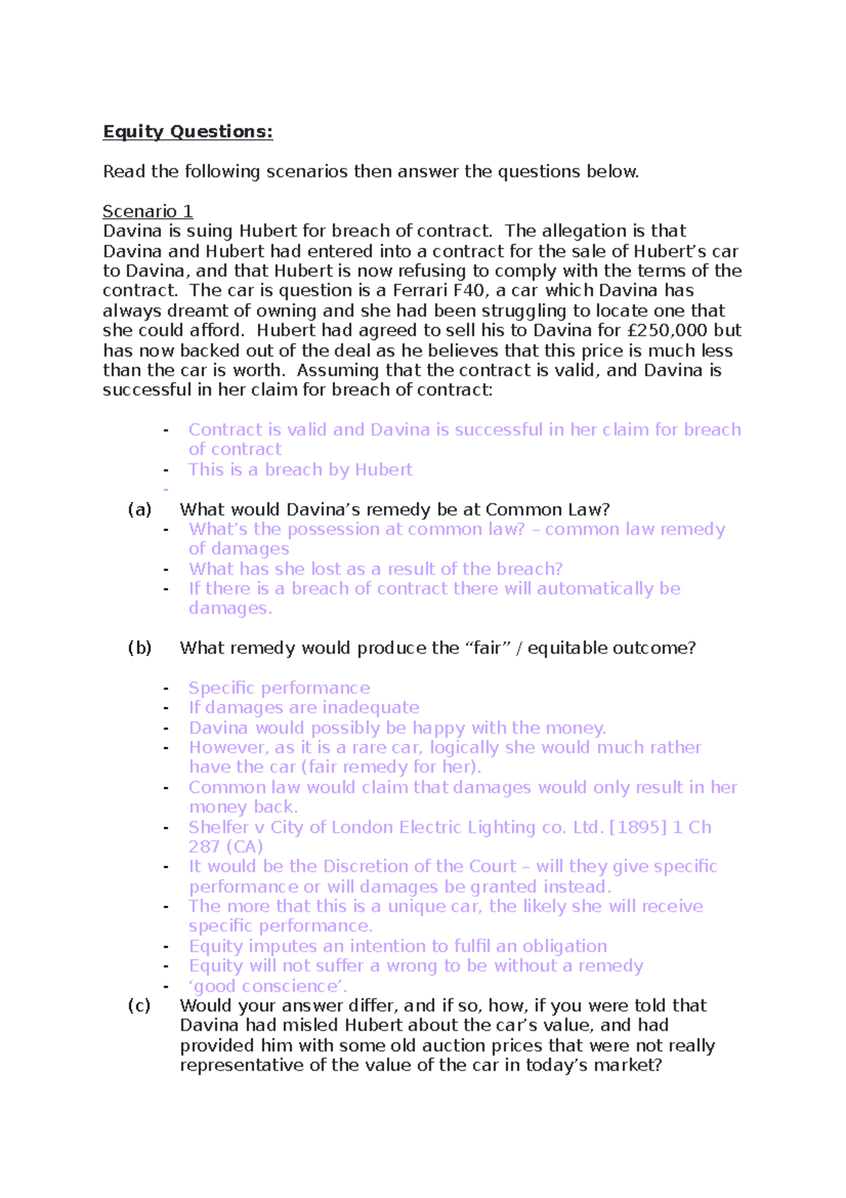Seminar 1 - Equity Questions: Read the following scenarios then answer ...