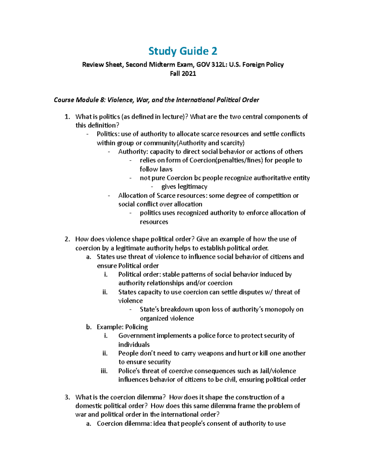 Gov312LStudy Guide 2 - Study Guide 2 Review Sheet, Second Midterm Exam ...
