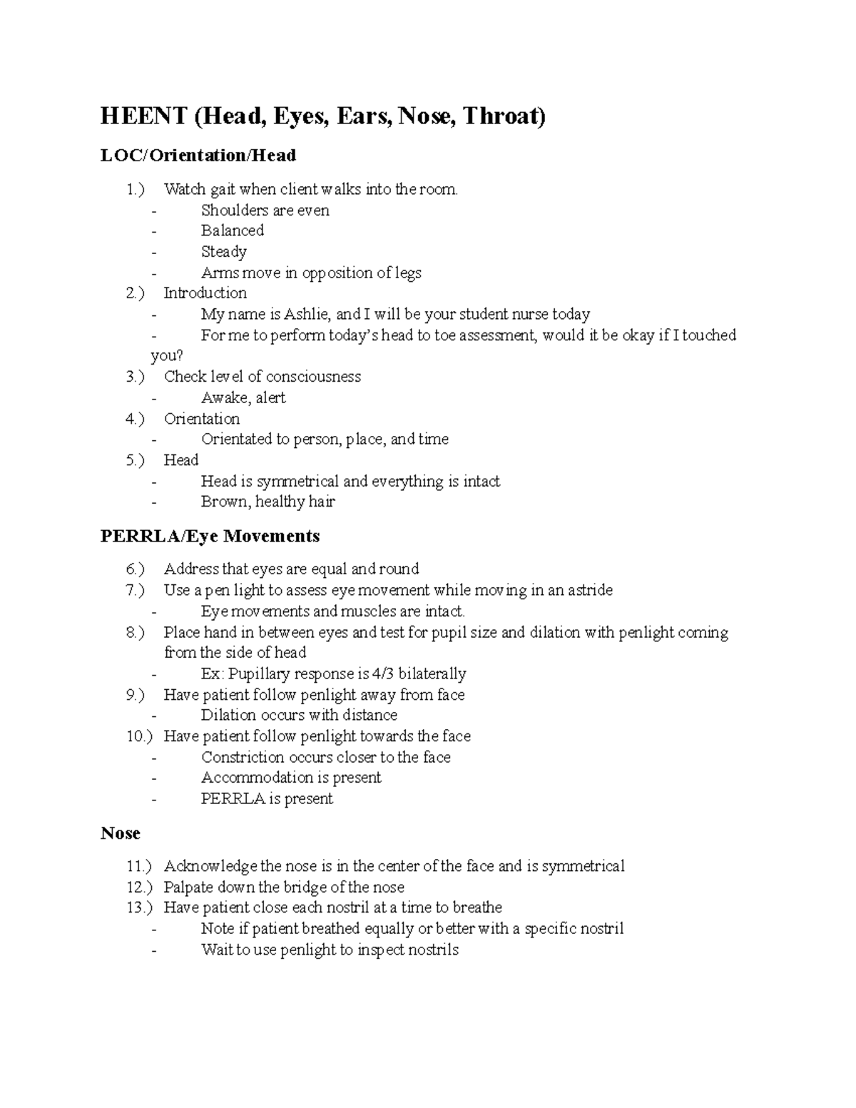 Head to Toe Assessment - HEENT (Head, Eyes, Ears, Nose, Throat) LOC ...