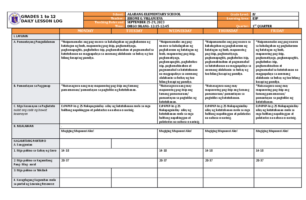 DLL ESP 4 Q1 W4 - daily lesson log for teachers - GRADES 1 to 12 DAILY ...