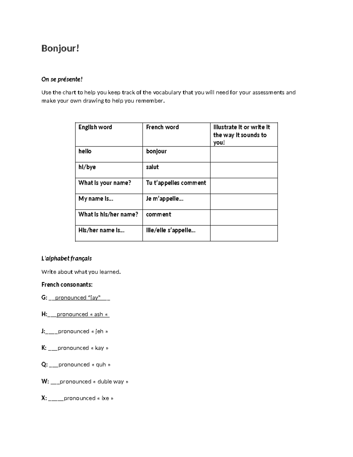 French 1.01 guided notes - Bonjour! On se présente! Use the chart to ...