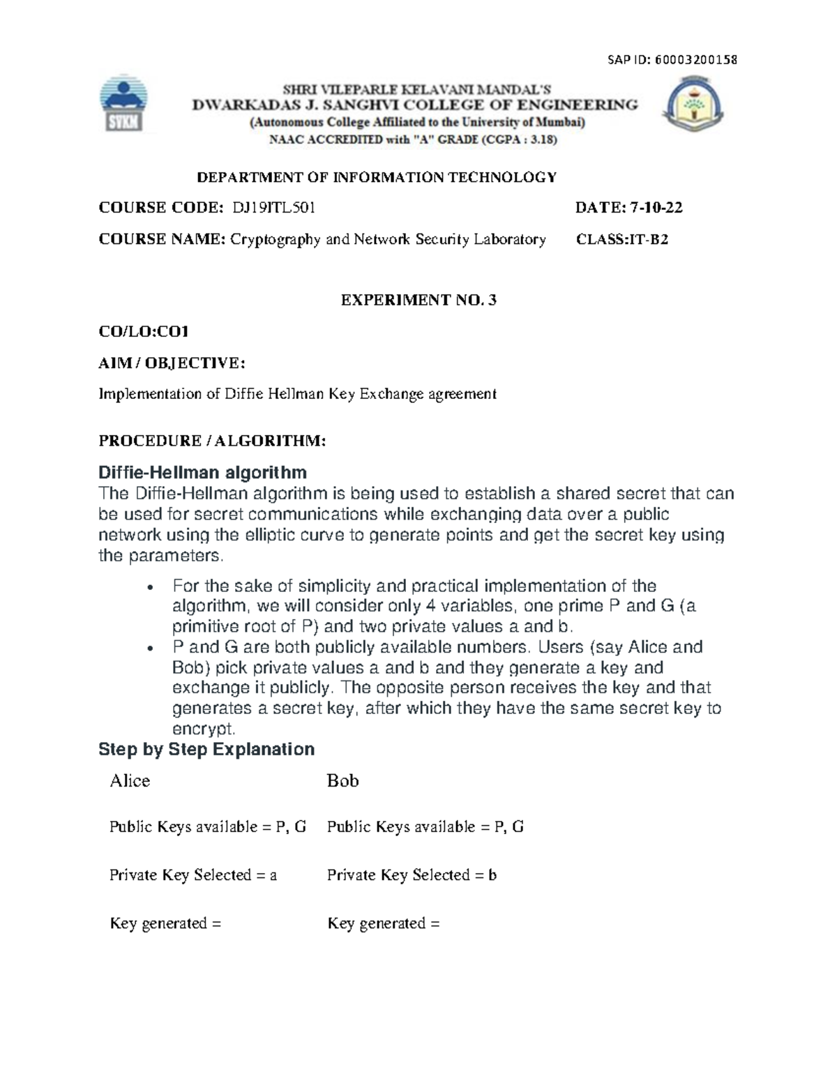 158 CNS EXP3 - computer network and security - DEPARTMENT OF INFORMATION TECHNOLOGY COURSE CODE ...