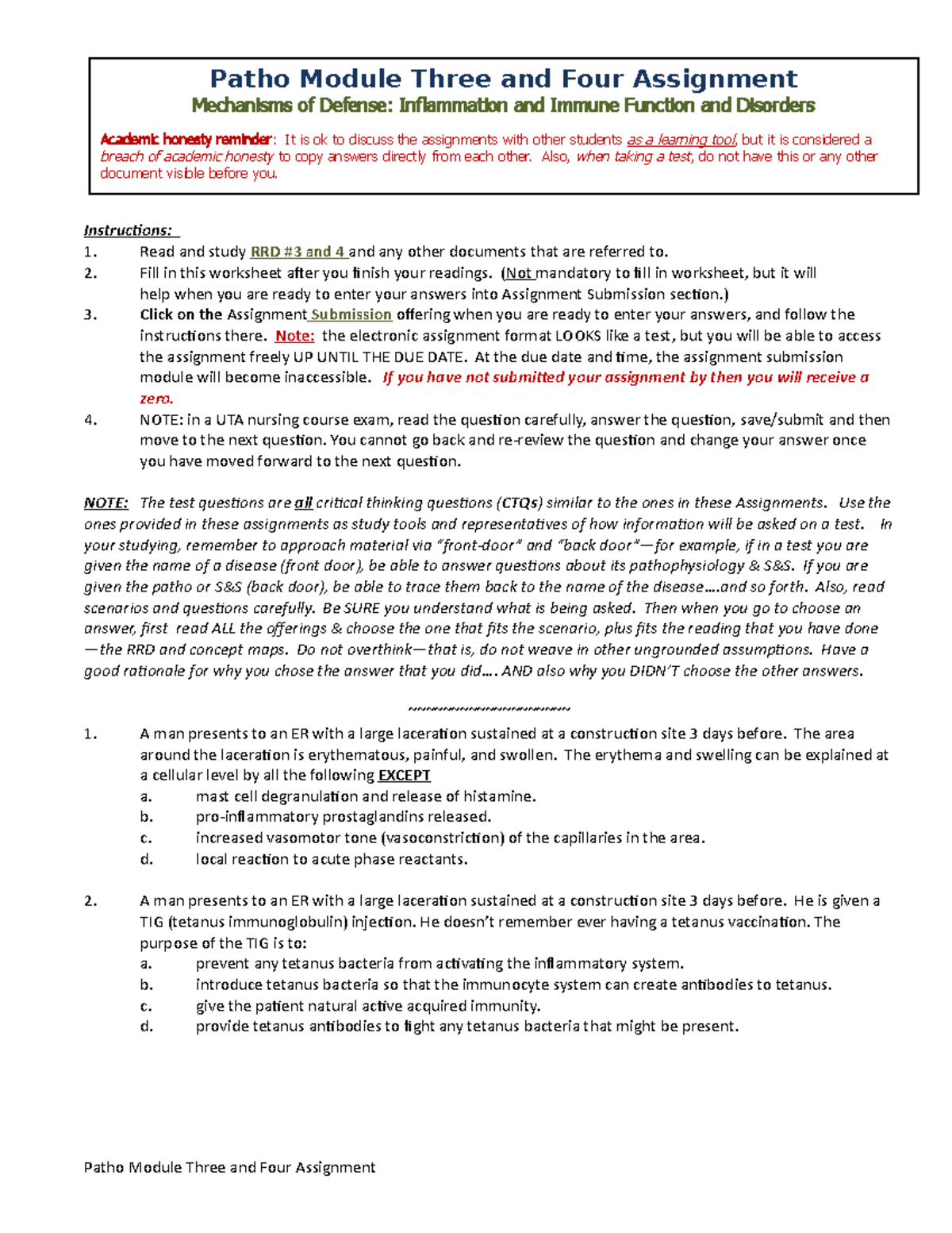 Patho Module Three and Four Assignment - Instructions: Read and study RRD #3 and 4 and any other ...