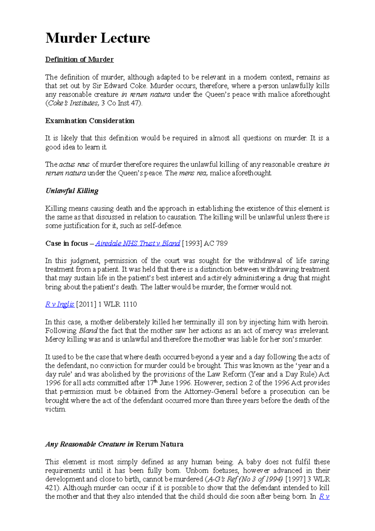 Murder Lecture - Murder occurs, therefore, where a person unlawfully ...