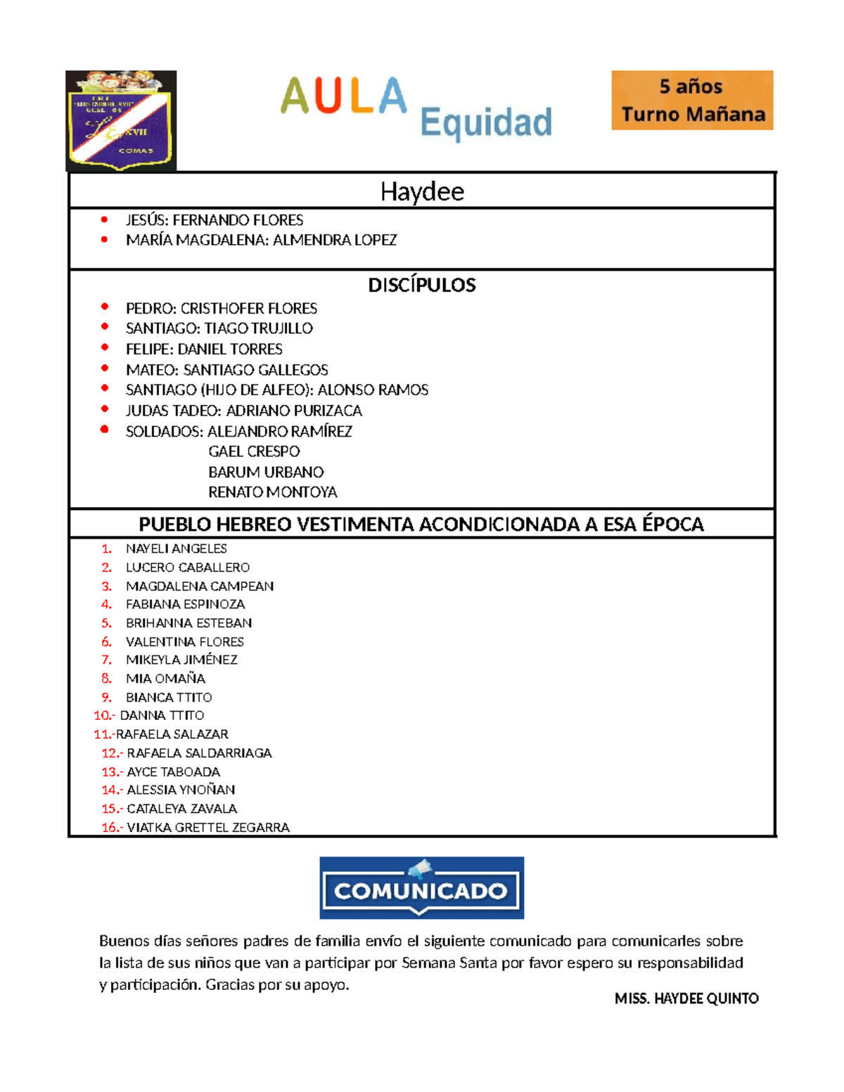 Comunicado por Semana Santa - Aula Equidad - 5 años T.M. - Miss Haydee ...