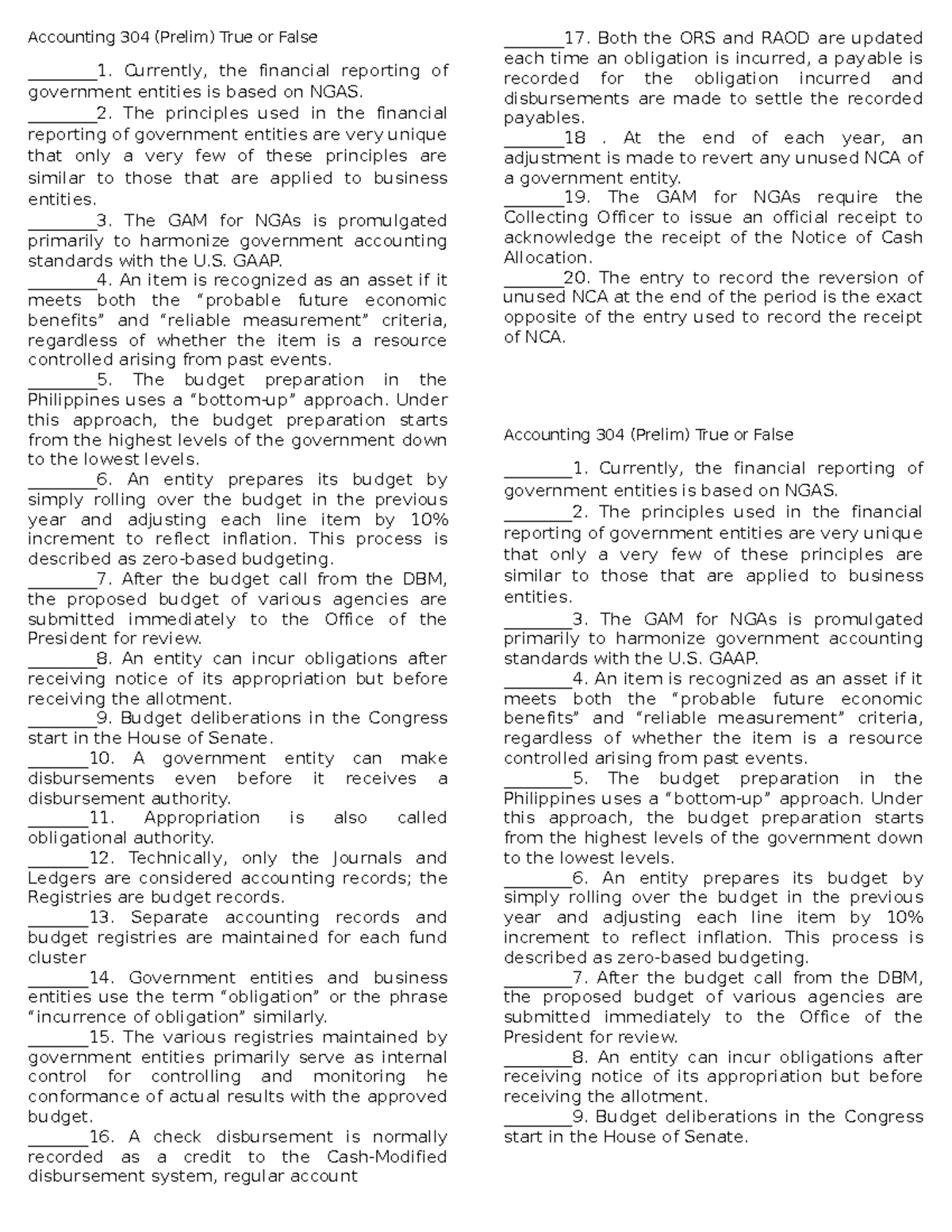 Accounting 304 prelim - practice - Accounting 304 (Prelim) True or ...