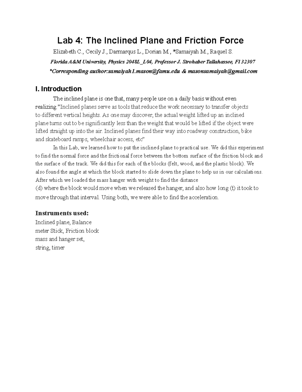 Lab 4- The Inclined Plane and Friction Force - Lab 4: The Inclined ...