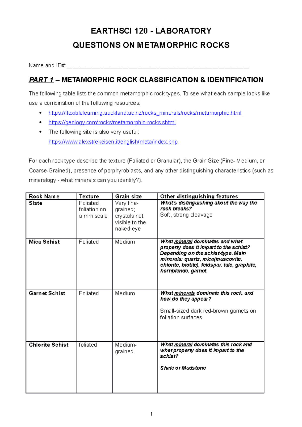 Earthsci 120-s1-2022 ELab-Metamorphic Rock Exercise sheet - Applied ...
