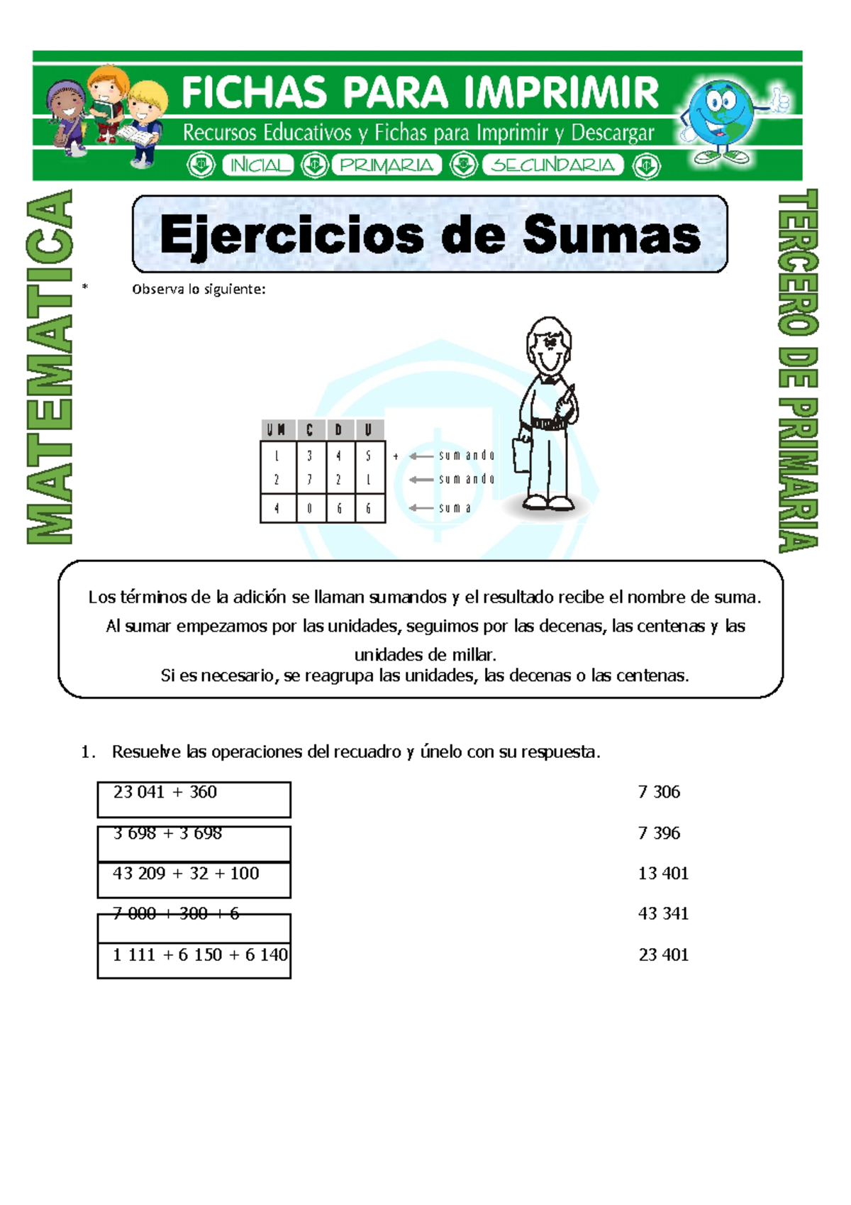 Ejercicios-de-Sumas-para-niños del mgrado Tercero-de-Primaria ...
