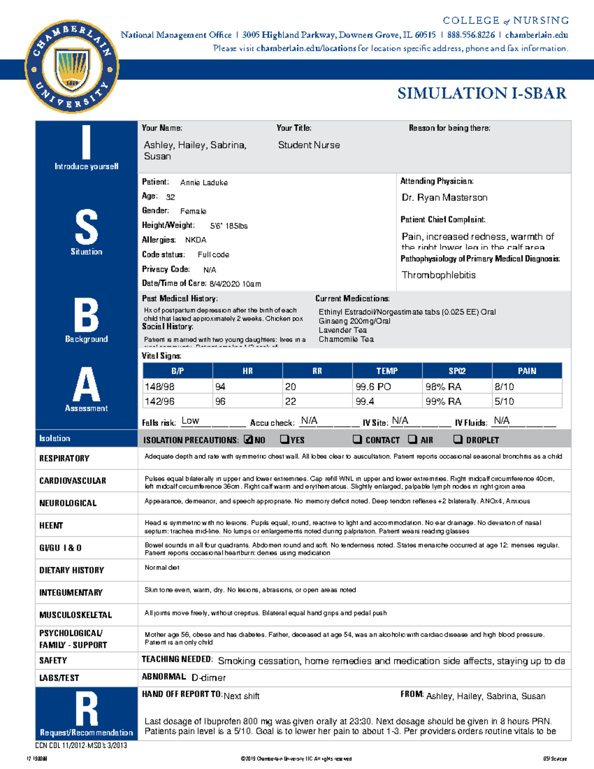 I-SBAR - Annie Laduke weak 5 - SIMULATION I-SBAR I Introduce yourself ...