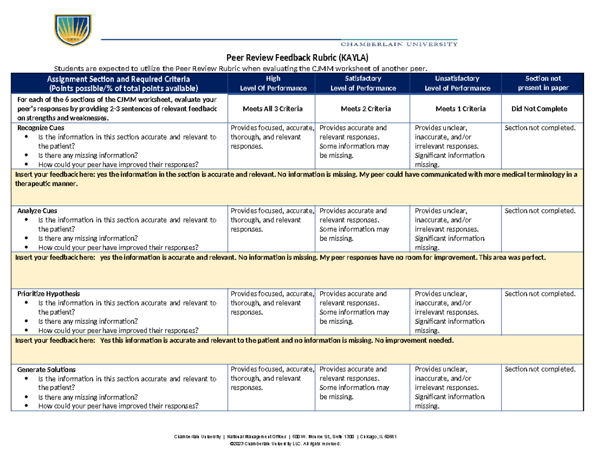 Peer Review Feedback Worksheet - i-Human Patients® Assignment Peer ...