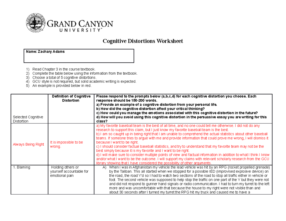 PHI-105 T-3 Cognitive Distortions Worksheet - Cognitive Distortions ...