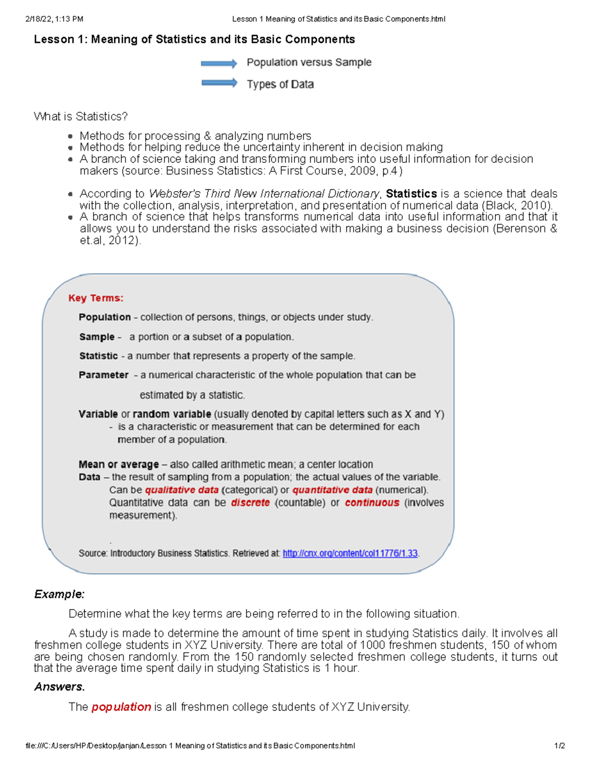 Lesson 1 Meaning of Statistics and its Basic Components - A branch of ...