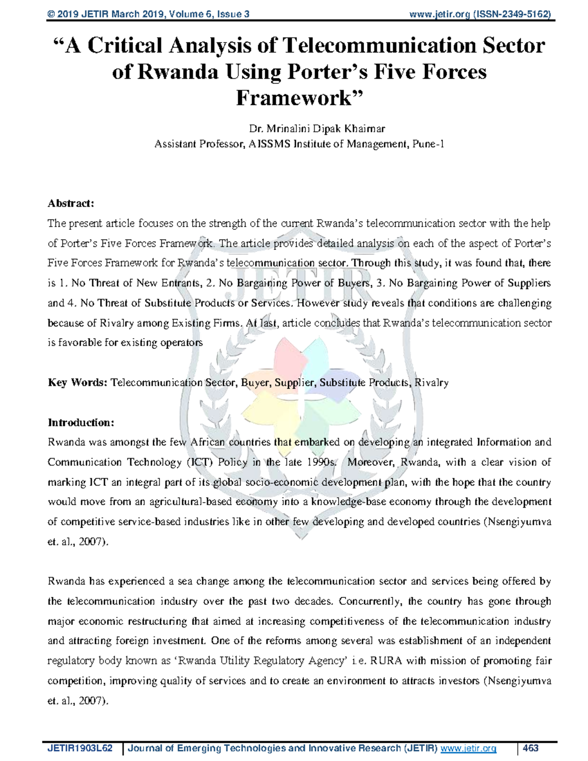 Jetir 1903L62 - good material - “A Critical Analysis of Telecommunication Sector of Rwanda Using ...