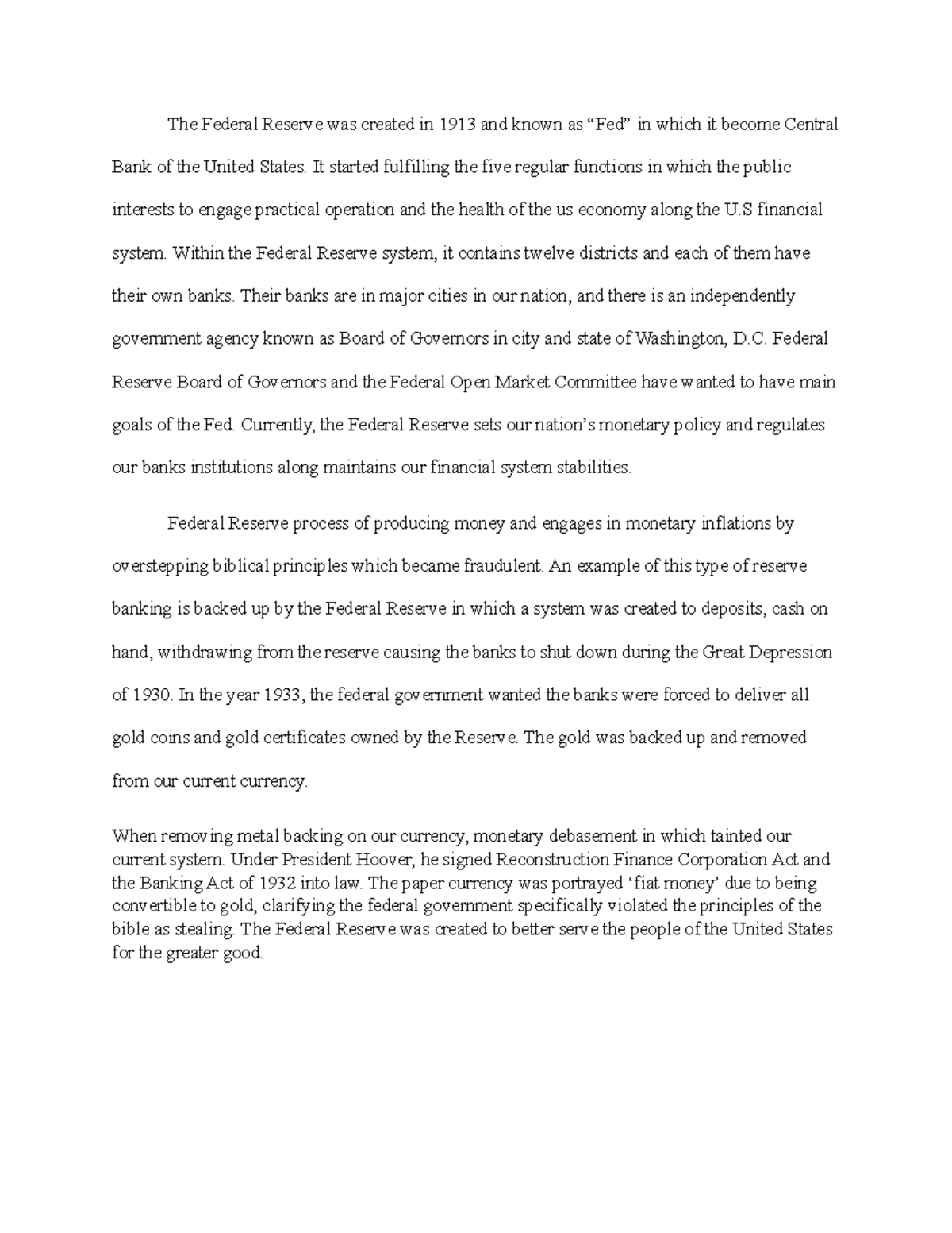 Examplepaper 120 - lessons - The Federal Reserve was created in 1913 ...