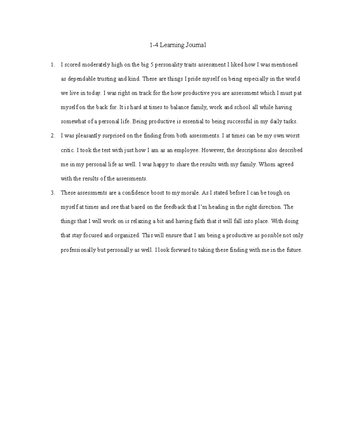 Human Relations Journal - 1-4 Learning Journal I scored moderately high ...