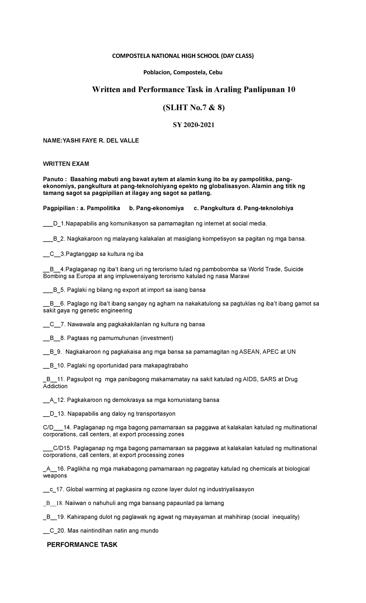 AP 10 Written Performance Task SLHT 78 1 - COMPOSTELA NATIONAL HIGH ...