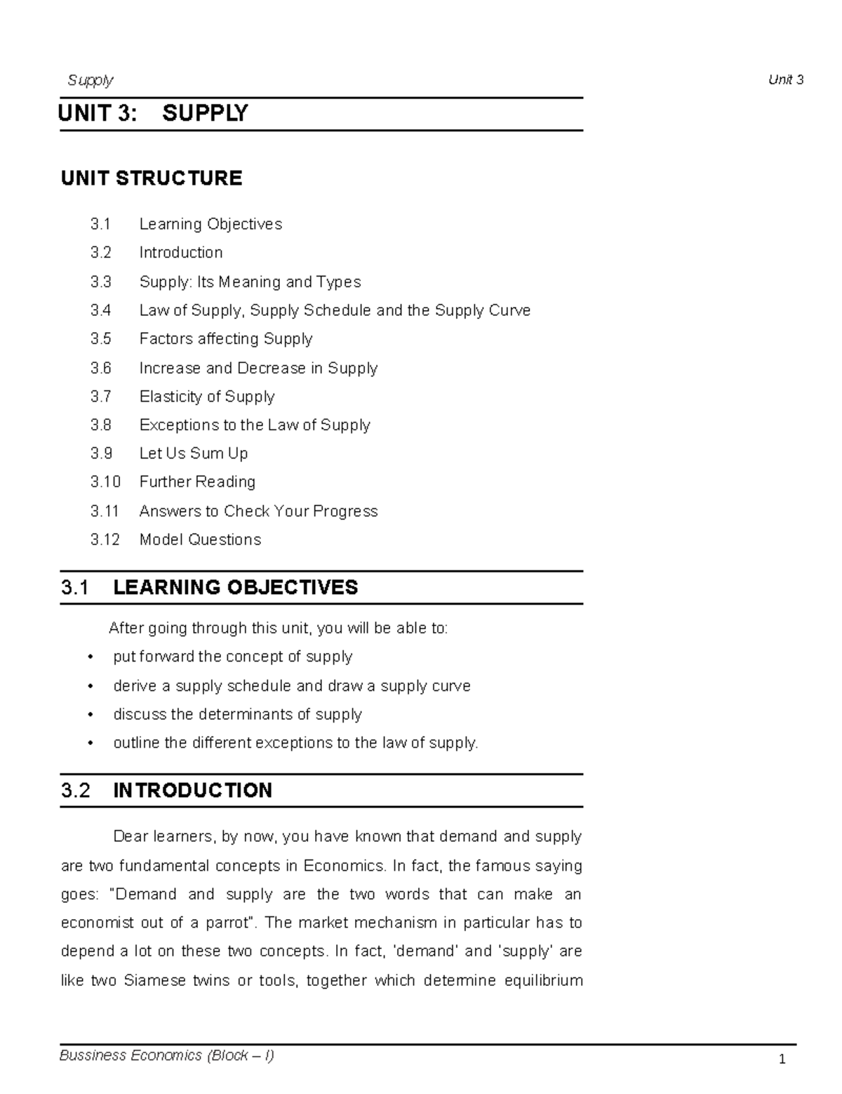 Unit - 3 Supply - Bussiness Economics (Block – I) 1 UNIT 3: SUPPLY UNIT ...