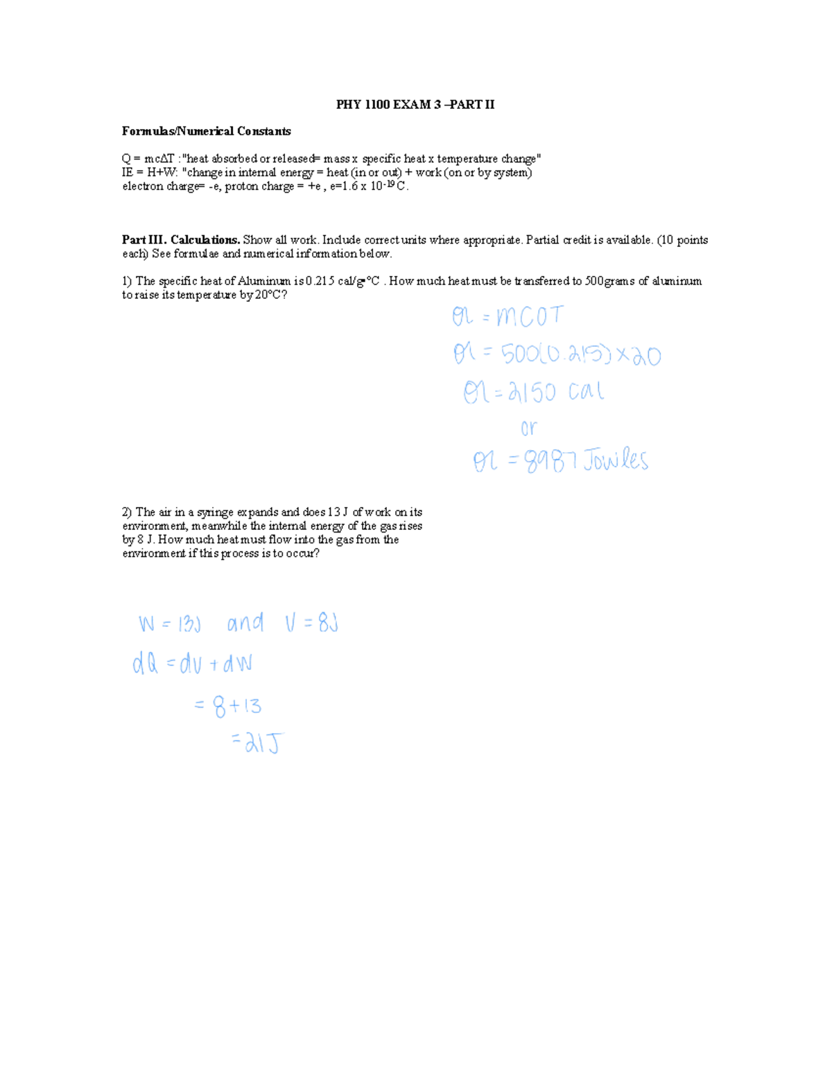 Exam3 Part2 - Essay for class - PHY 1100 EXAM 3 –PART II Formulas ...