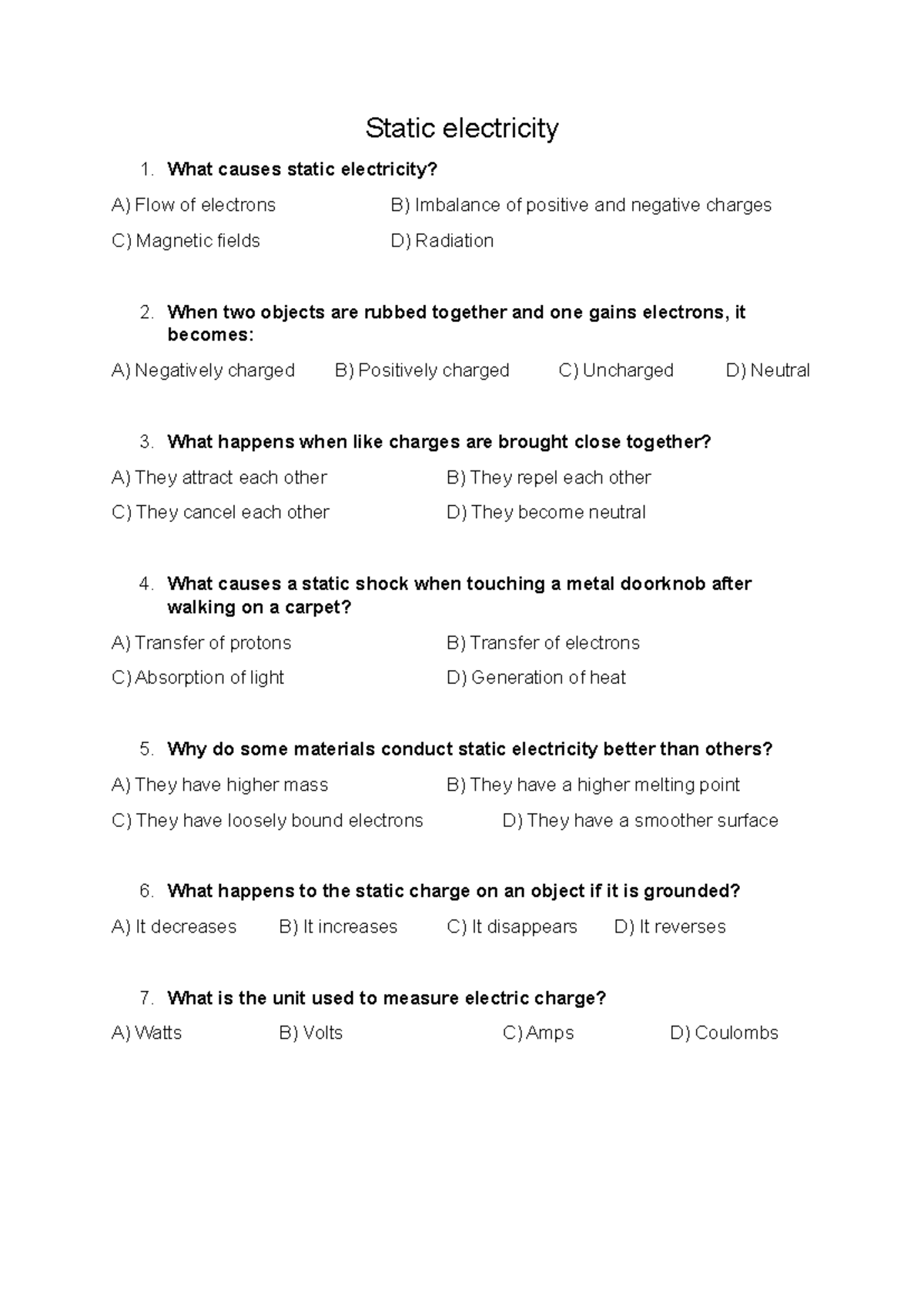 1. Static electricty ws with answers - Static electricity What causes ...