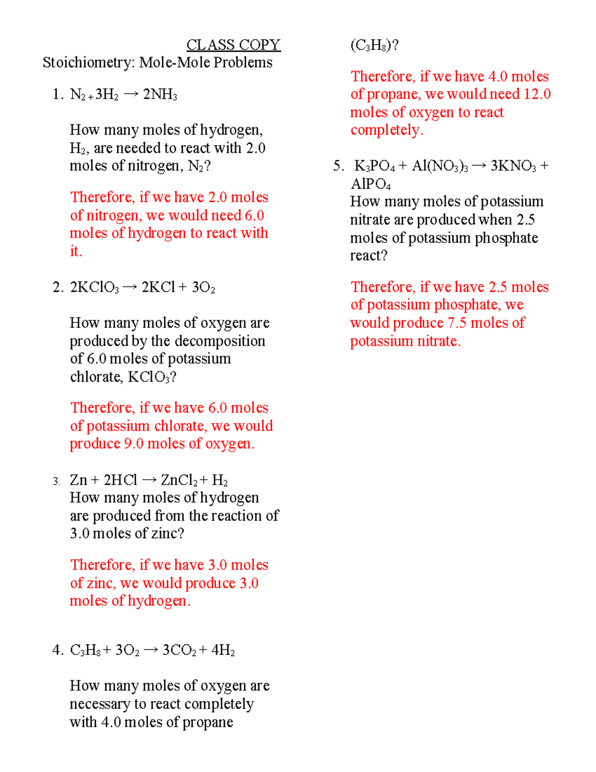 Stoichiometry -mole to mole (1)-1 - CLASS COPY Stoichiometry: Mole-Mole ...