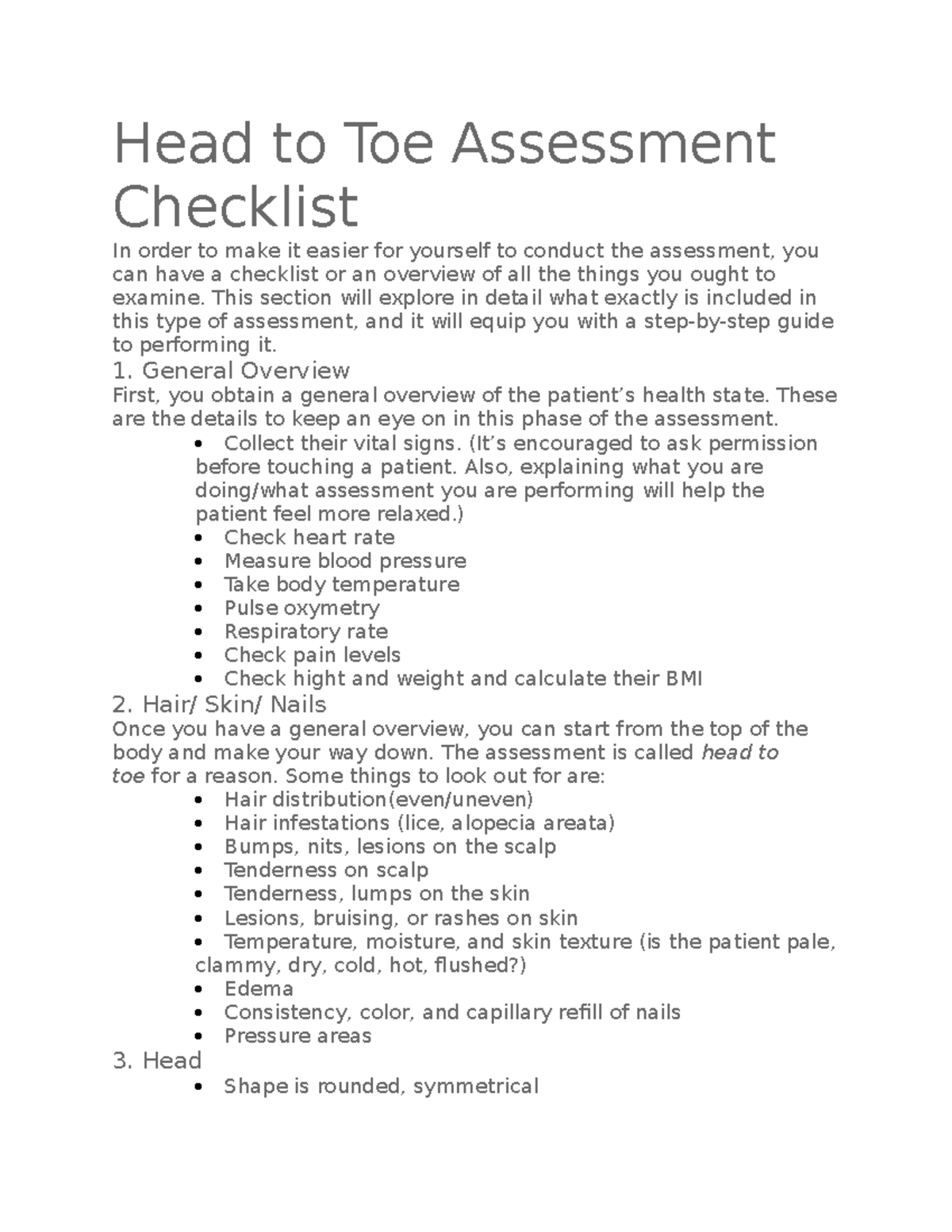Head to Toe Assessment Checklist - Head to Toe Assessment Checklist In ...