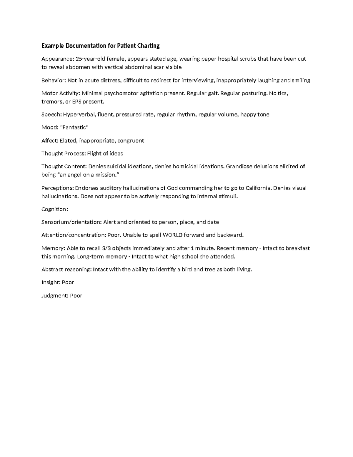 Example Documentation for Mental Status Assessment - Example ...