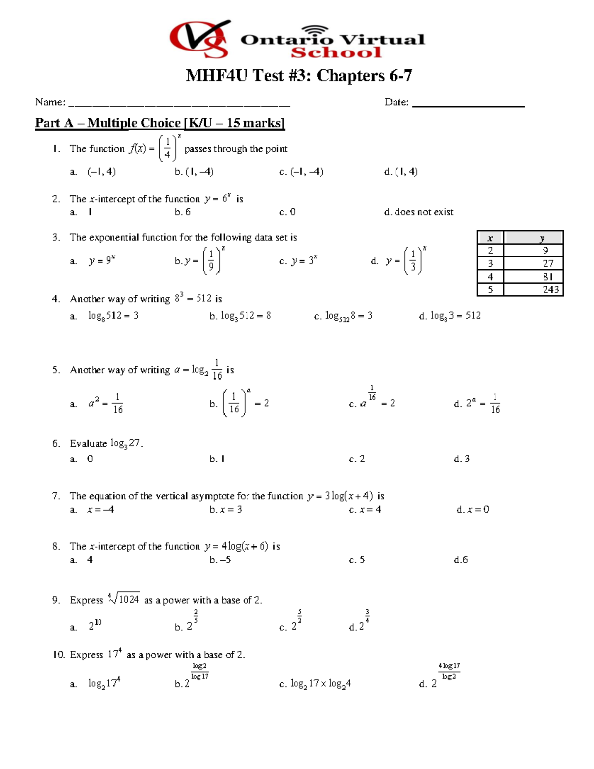 1648908223-Unit 3 Test - MHF4U Test #3: Chapters 6- Name
