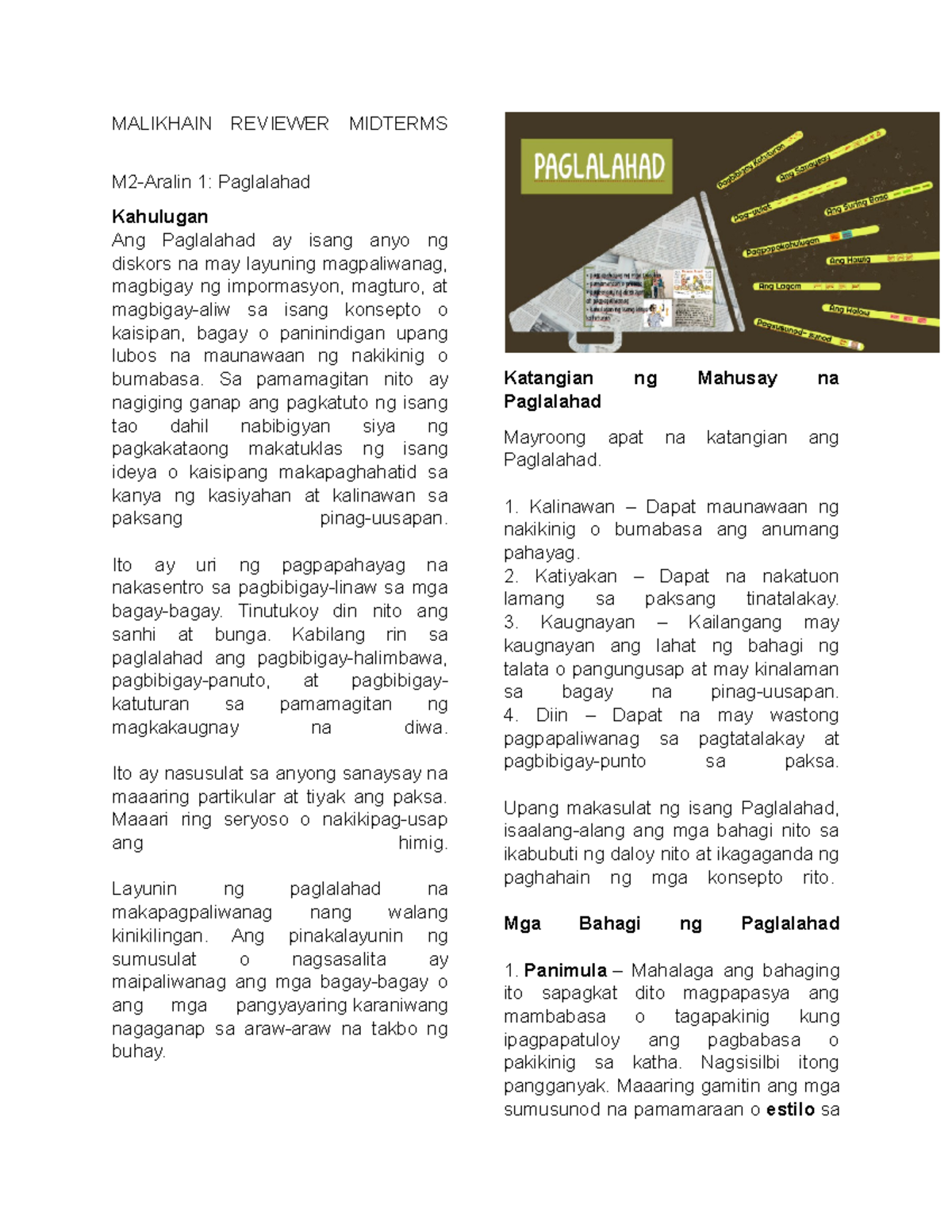 Malikhain- Reviewer- Midterms - MALIKHAIN REVIEWER MIDTERMS M2-Aralin 1 ...