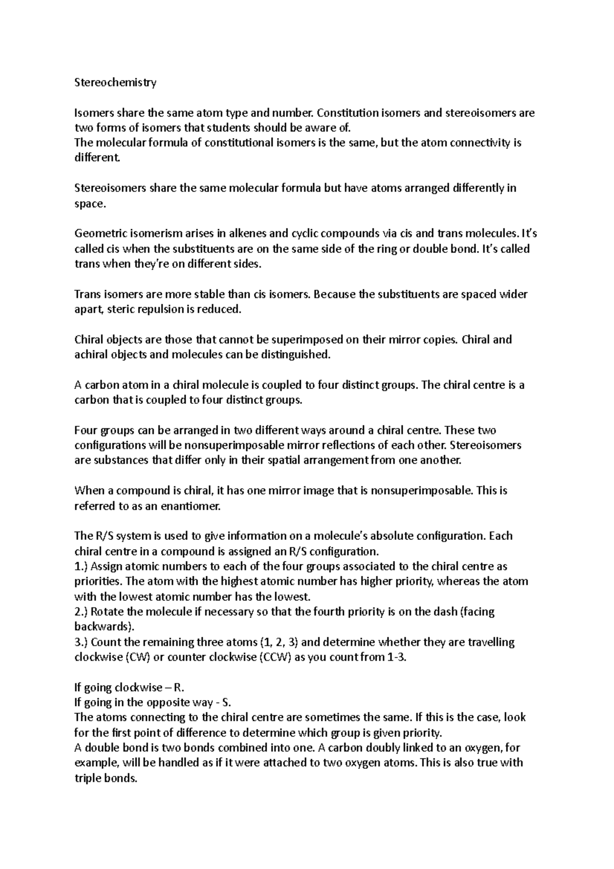Stereochemistry - notes from organic chemistry - Stereochemistry ...