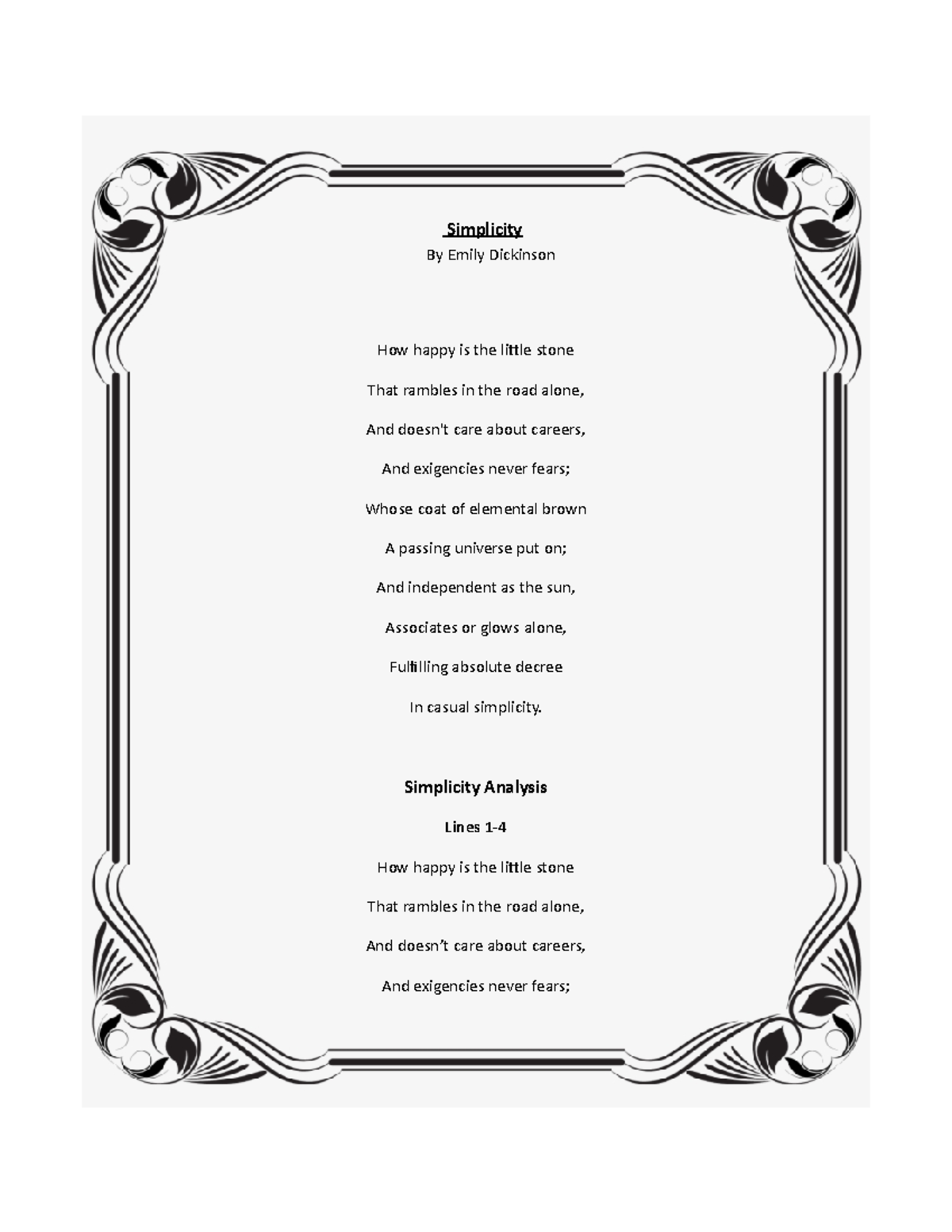 Simplicity - POEM - Simplicity By Emily Dickinson How happy is the ...