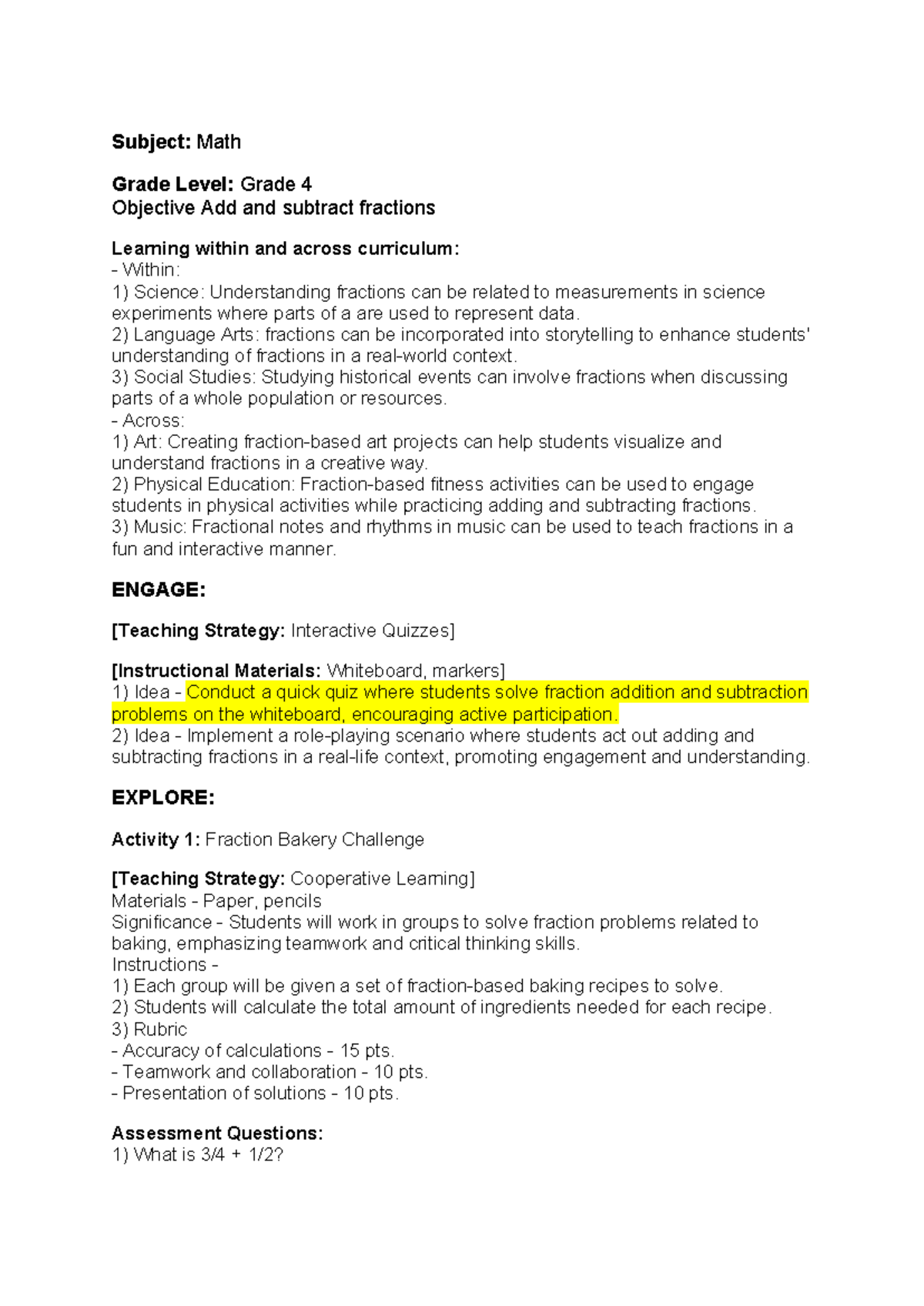 Lesson plan - For study - Subject: Math Grade Level: Grade 4 Objective Add and subtract ...