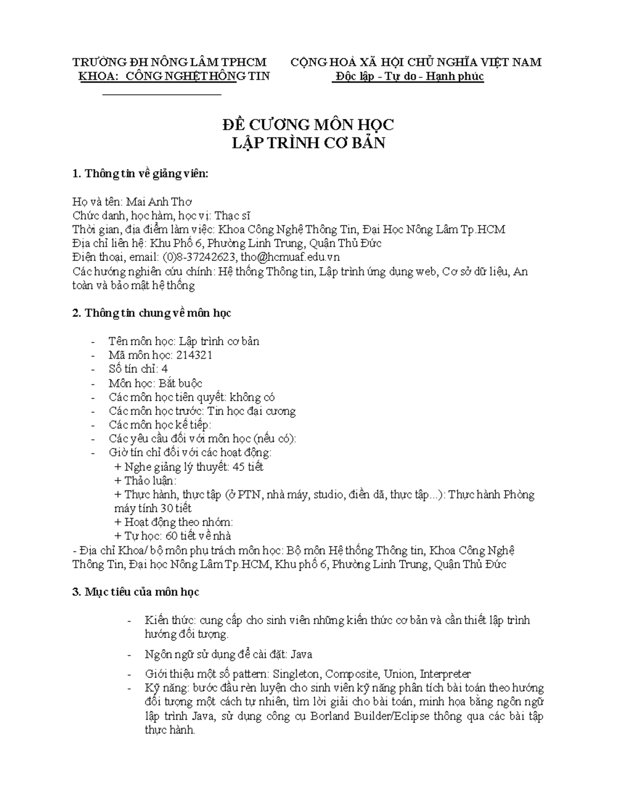 De Cuong Lap Trinh Java Co Ban OOP - TRƯỜNG ĐH NÔNG LÂM TPHCM CỘNG HOÀ XÃ HỘI CHỦ NGHĨA VIỆT NAM ...
