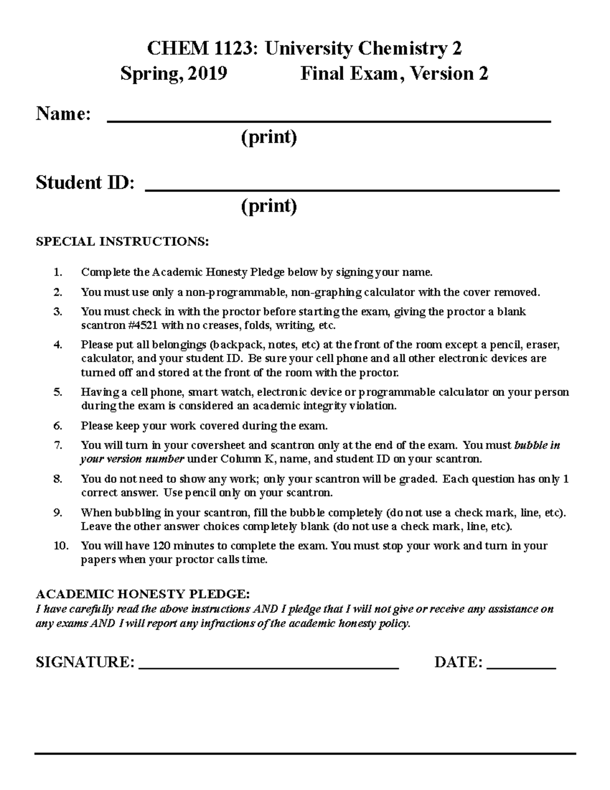 UC2 Final Exam Spring 2019 - CHEM 1123: University Chemistry 2 Spring ...