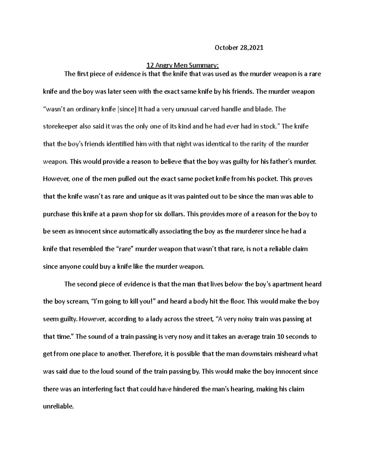 12 Angry Men Summary - Grade: 87% - October 28, 12 Angry Men Summary ...