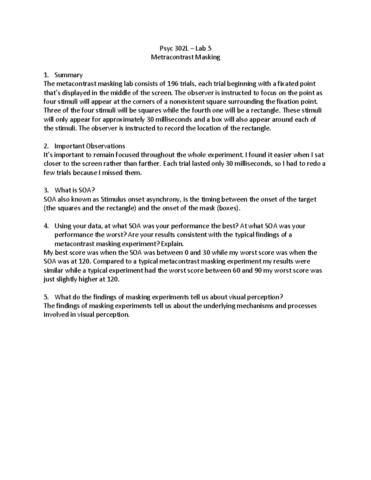 Sensory Memory Summary - Psyc 302L – Lab 5 Metracontrast Masking Summary The metacontrast ...